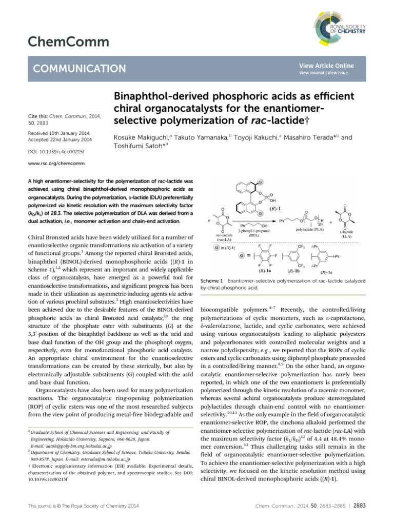 Chem. Commun., 2014, 50, 2883 - 2885 | PDF | Polymerization | Organic ...