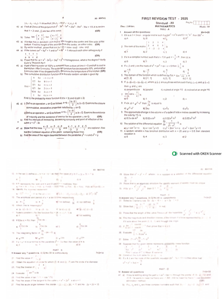 12th Maths 1st Revision Exam 2025 Original Question Paper With Answer ...