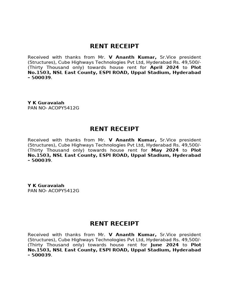 Monthly Rent Receipts for 2024-2025 | PDF
