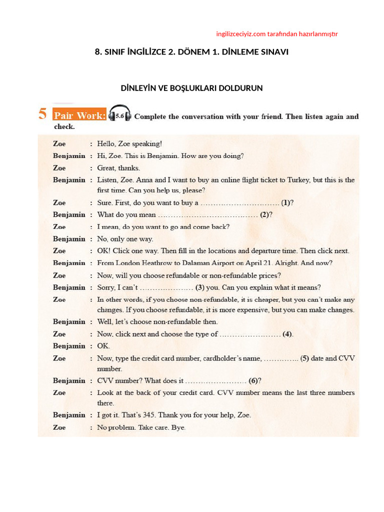 Sinif Ingilizce 2. Donem 1. Dinleme Sinavi 2 | PDF