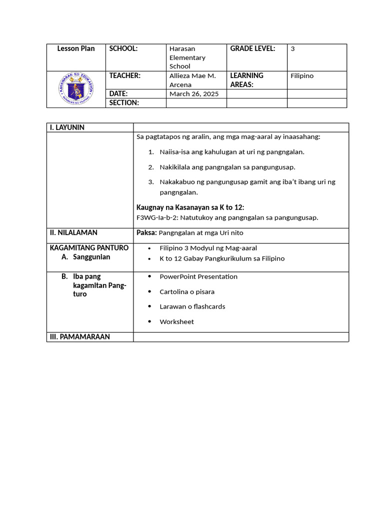 Lesson Plan in Filipino Grade 3 | PDF