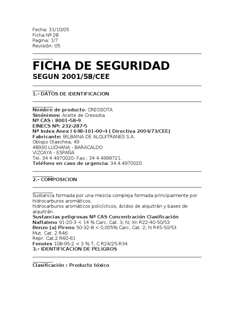 Ficha de Seguridad Creosota España | PDF | Toxicidad | Agua