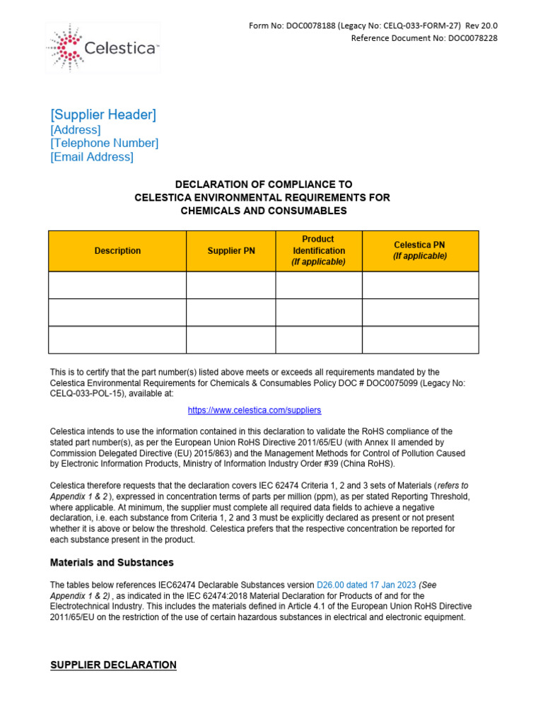 Declaration Template v3.0 | PDF | Chemistry | Materials