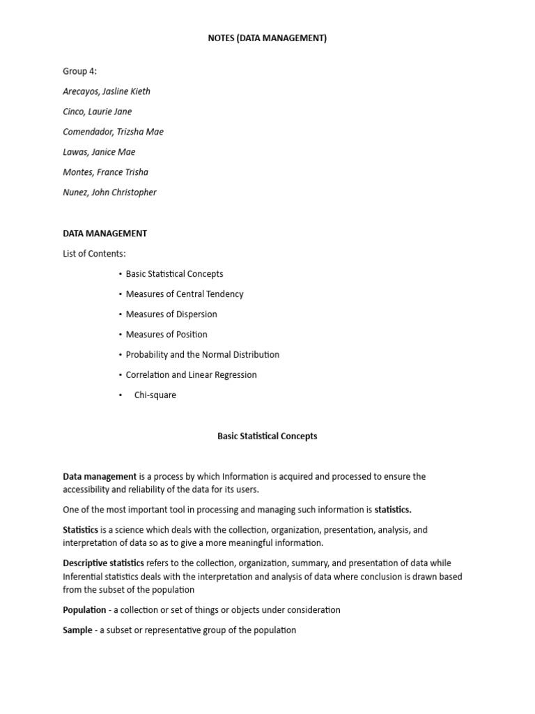 Group 4 Data Management Notes | PDF | Chi Squared Test | Quartile