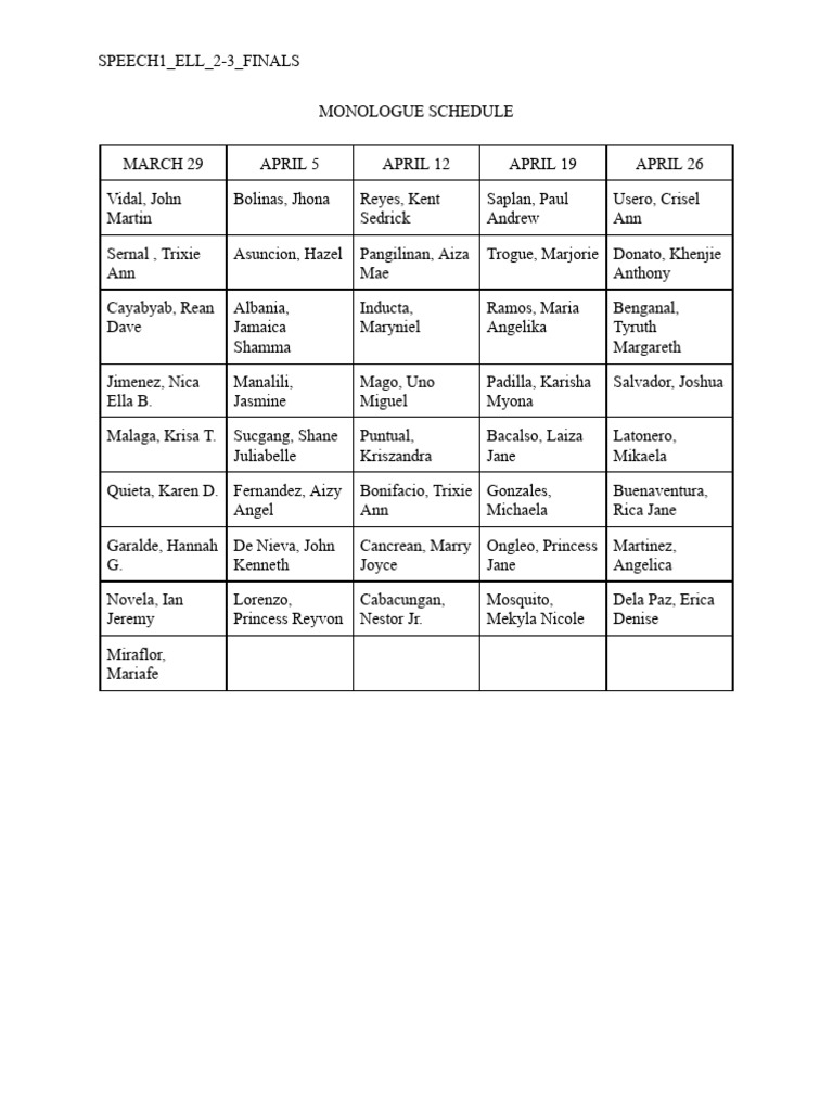 Monologue Schedule for March-April 2023 | PDF
