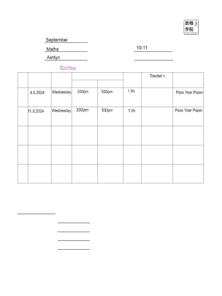 September - Tutor Tuition Attendance - SinYee | PDF