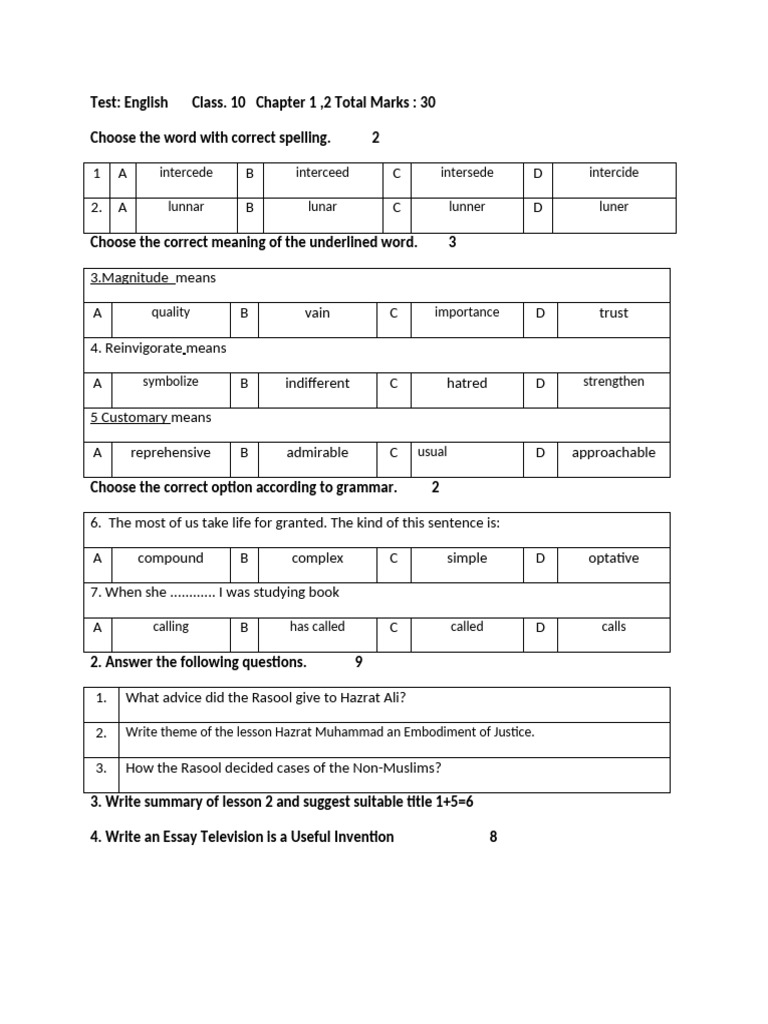 Class 10 English Test: Chapters 1-2 | PDF