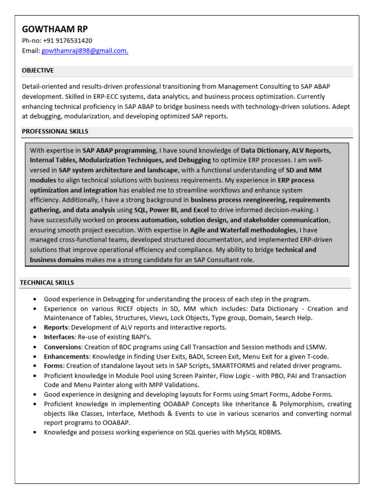 SAP ABAP Consultant Resume Overview | PDF | Enterprise Resource ...