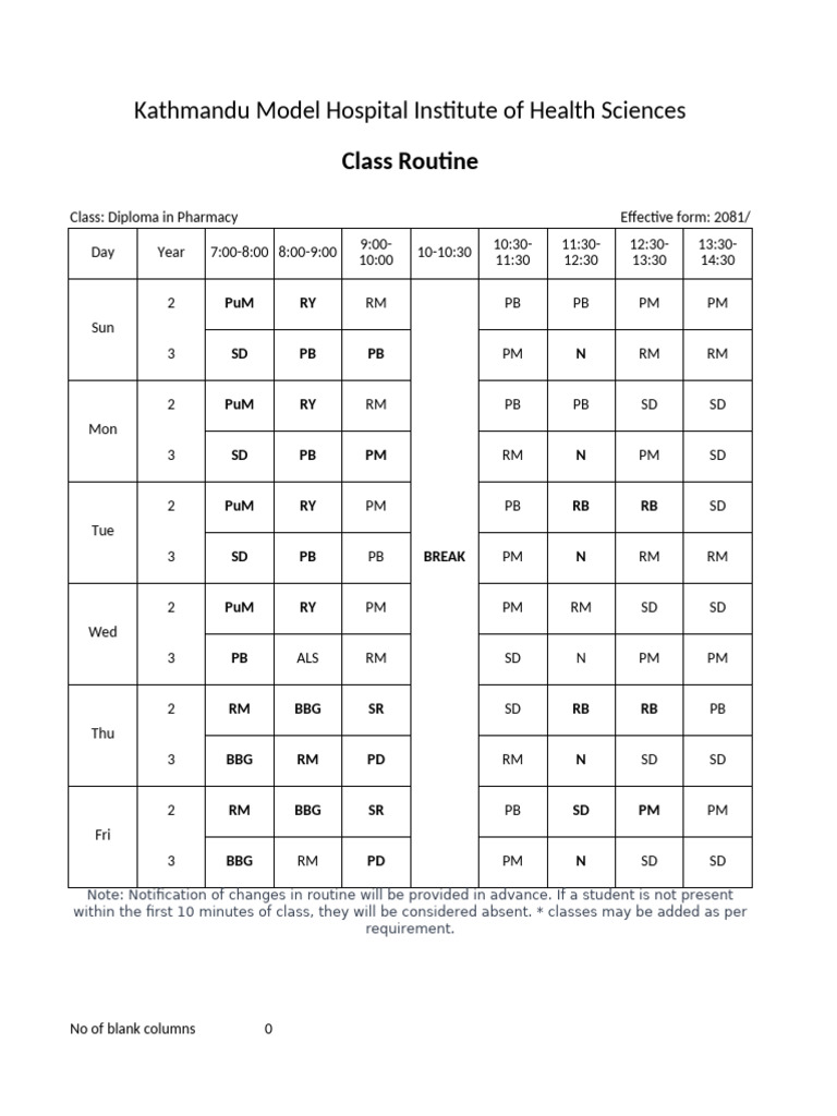 Diploma in Pharmacy Class Schedule | PDF | Pharmacy | Pharmacology