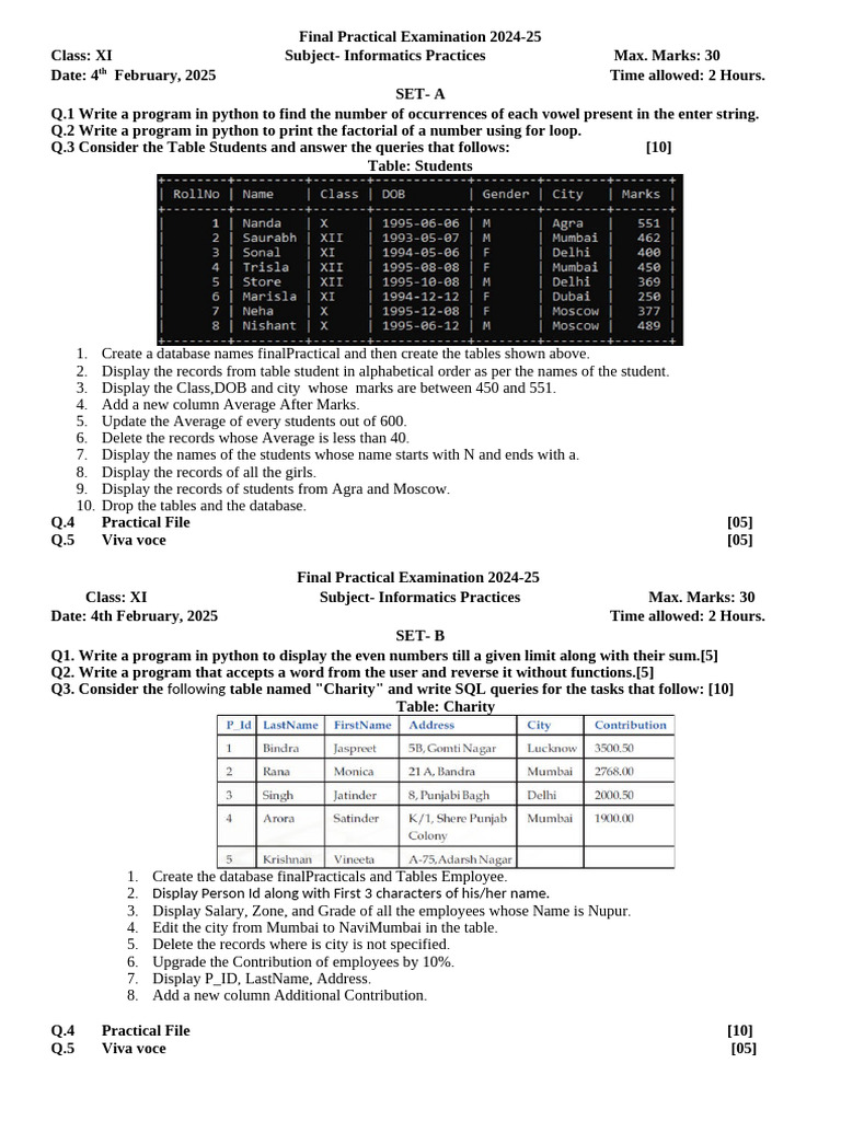 Class XI_IP_Final Practical Examination 2024 | PDF | Databases | Data
