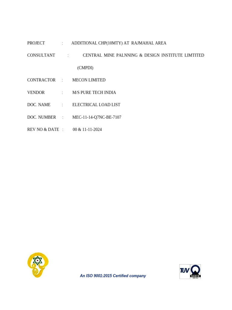Electrical Load List for Mecon Project | PDF