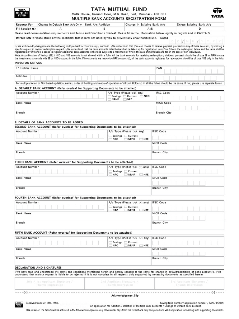 TATA Multiple-Bank-Accounts-Registration-Form | PDF | Banks | Receipt