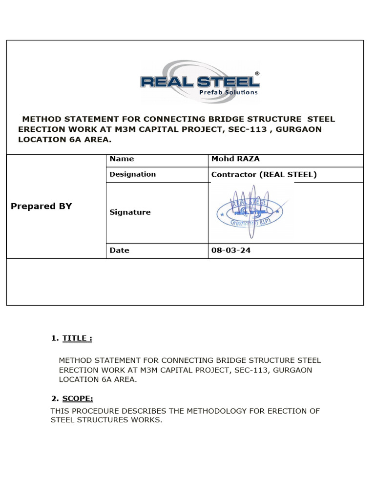 Steel Erection Method Statement for M3M Project | PDF | Welding ...