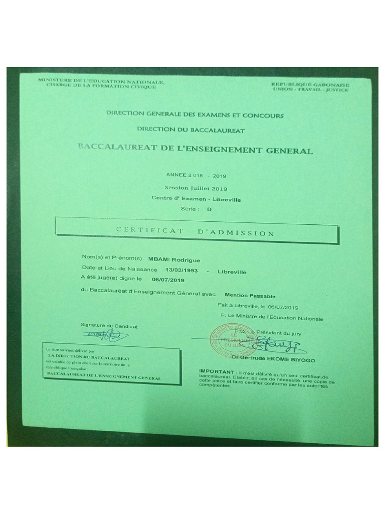 certificat d'admission bac | PDF
