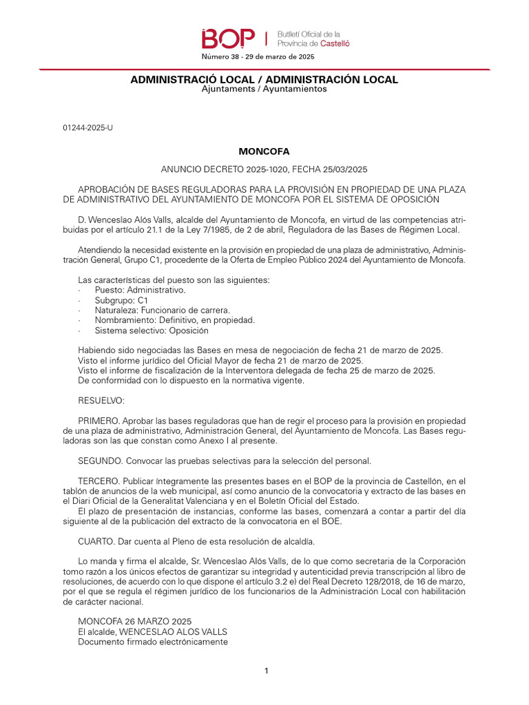 Otros - ANUNCIO BASES BOP #38 DE 29 DE MARZO DE 2025 | PDF | Gobierno | Justicia