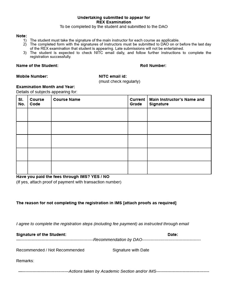 REX Exam Registration Form Instructions | PDF