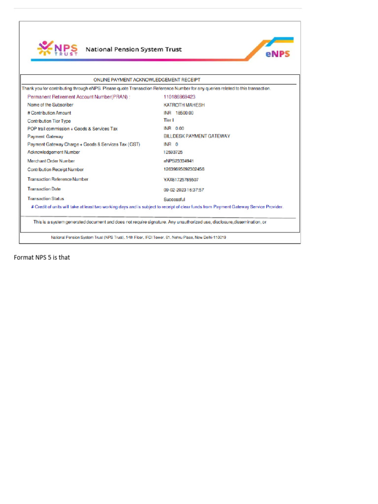 NPS Payment Receipt 5 | PDF