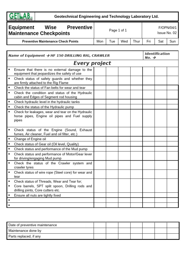 Maintenance Checkpoints For The HF 150 Drilling Rig | PDF | Pump ...