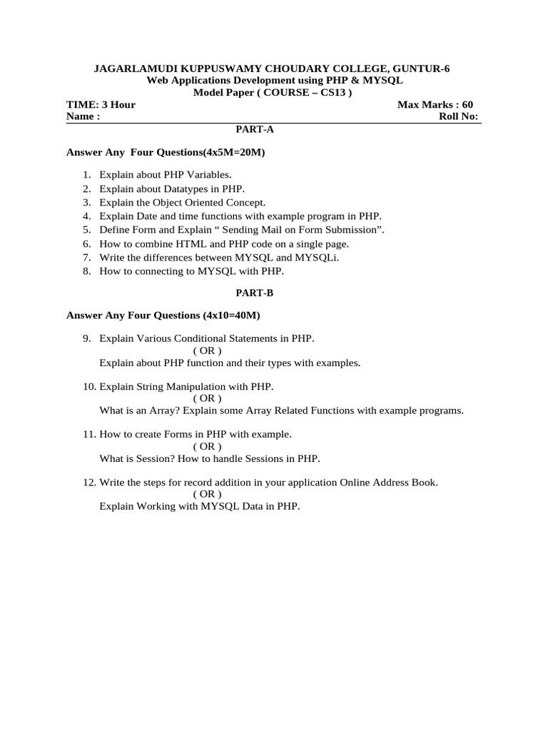 Model Paper (PHP & MYSQL) | PDF