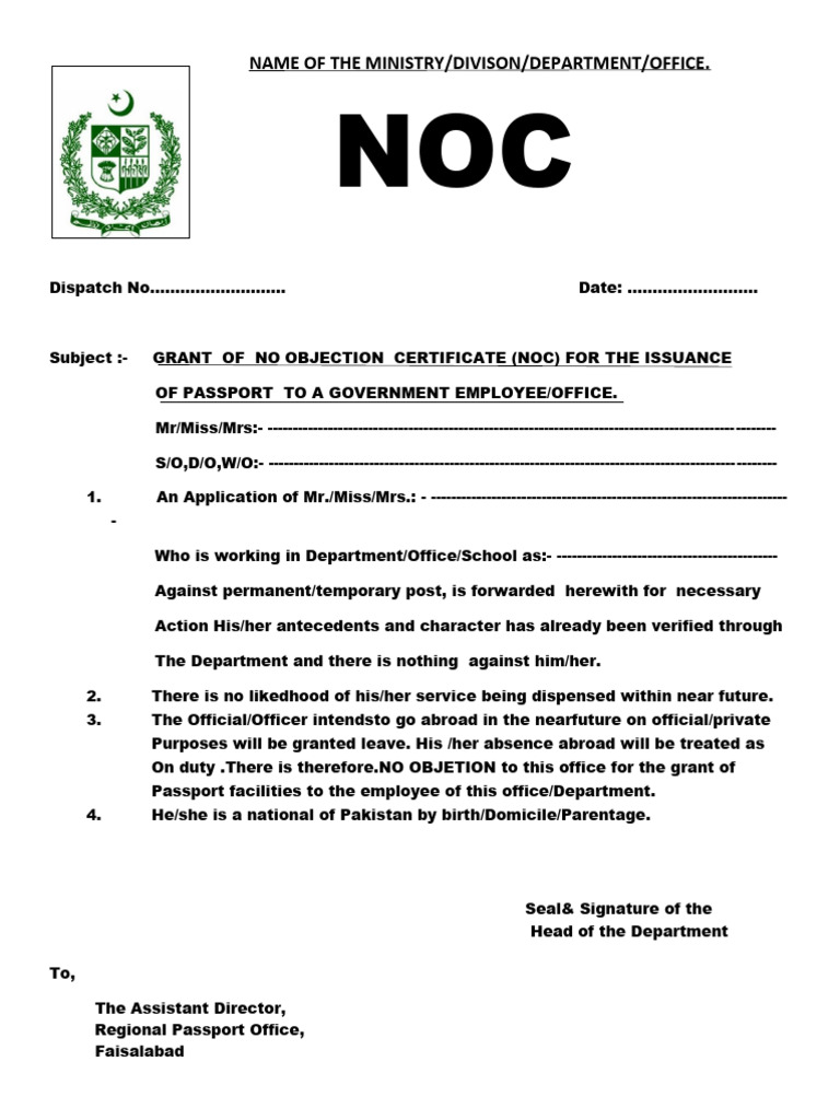 NOC for Government Employee Passport | PDF