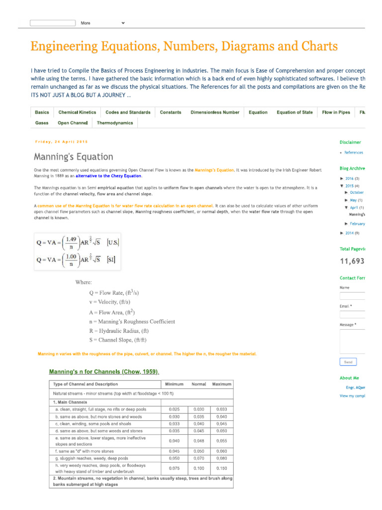 Manning's Equation and Roughness Values | PDF