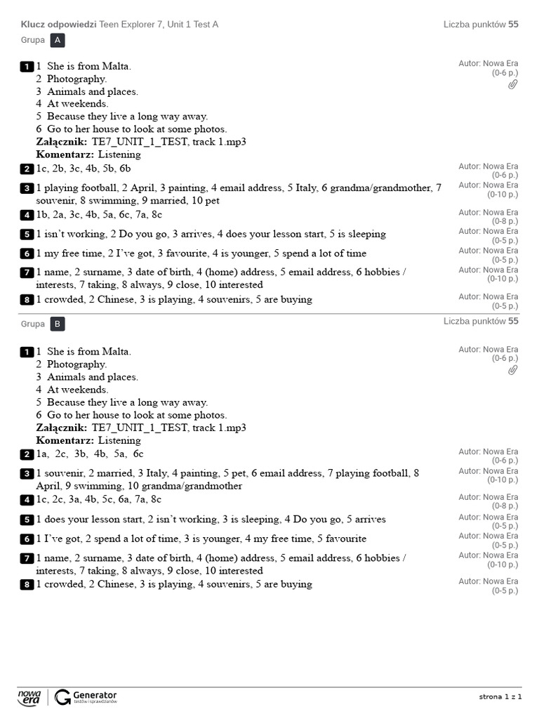 Teen Explorer 7, Unit 1 Test A Klucz Odpowiedzi | PDF