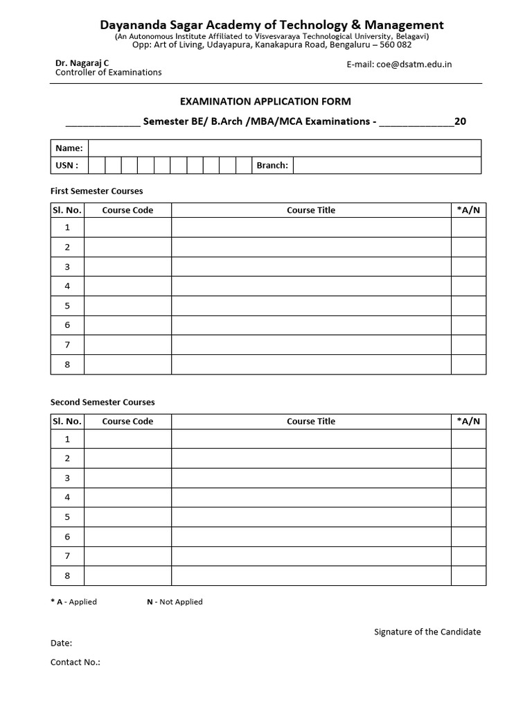 Exam Application Form - Dayananda Sagar | PDF