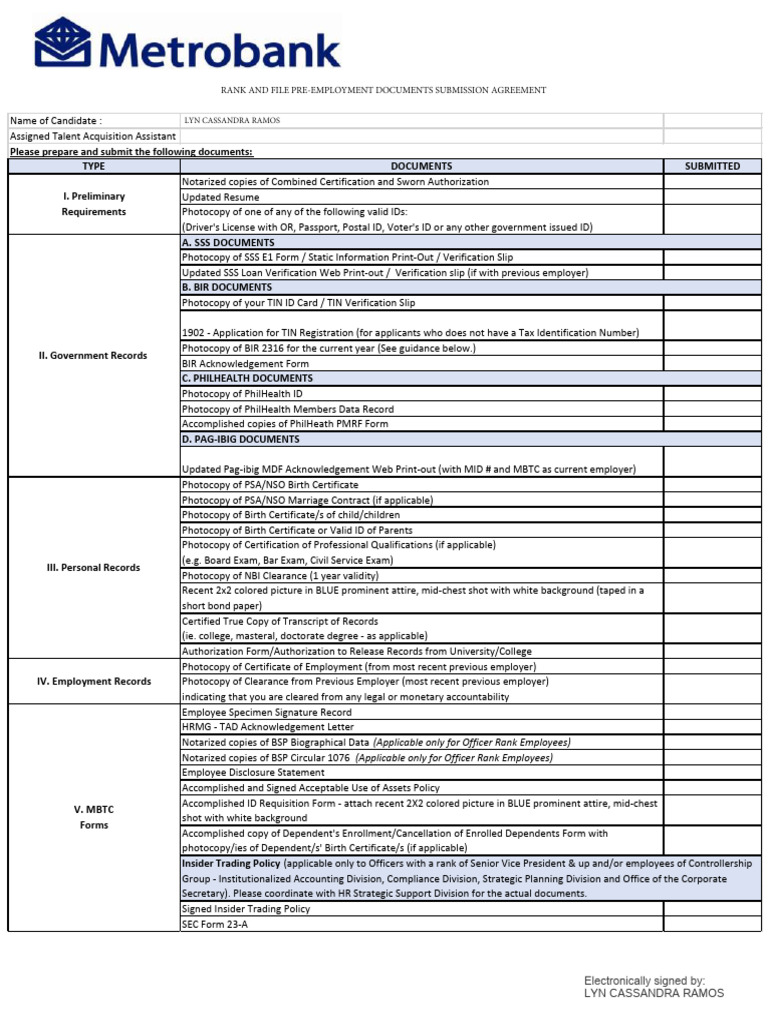Pre Employment Document Checklist | PDF | Identity Document | Birth ...