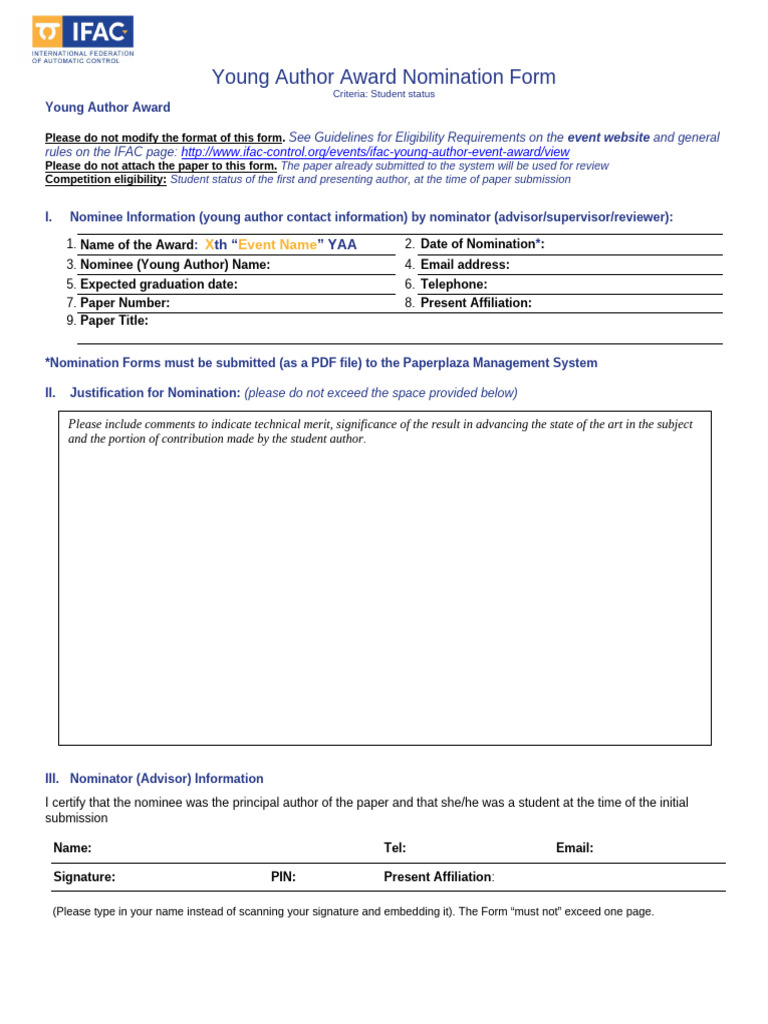 Young Author Event Award Nomination Form - Student Status | PDF