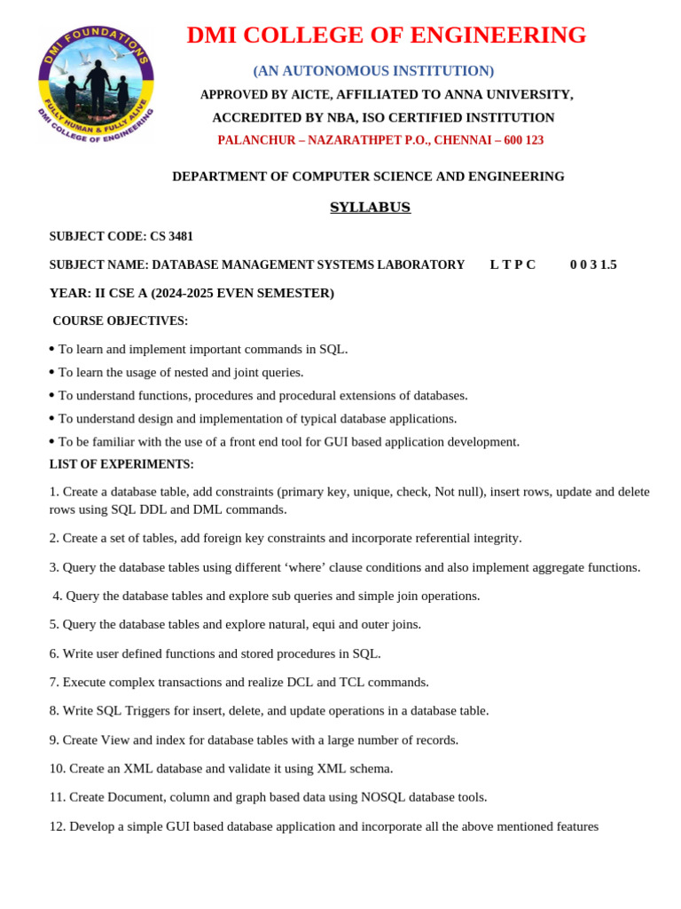CS 3481 DBMS LAB | PDF | Databases | Sql