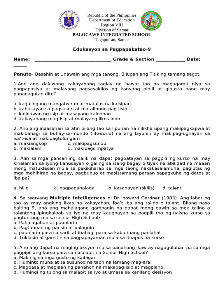 Ikaapat Na MARKAHAN- Sa ESp 9_091659 | PDF