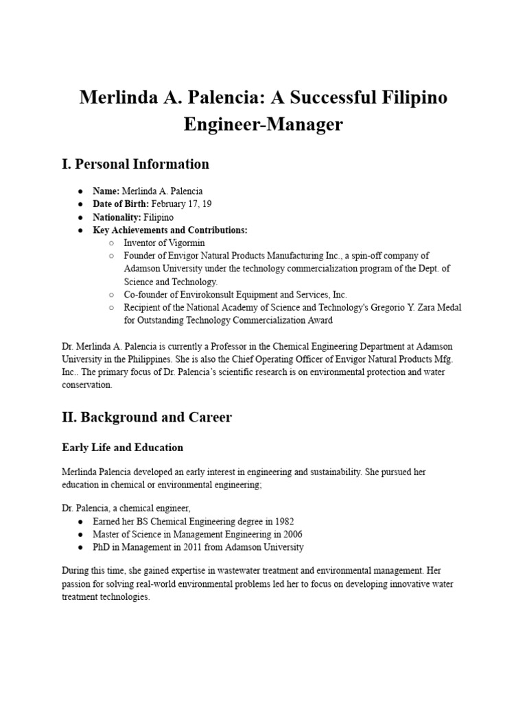 Merlinda Palencia: Innovator in Engineering | PDF | Engineering ...