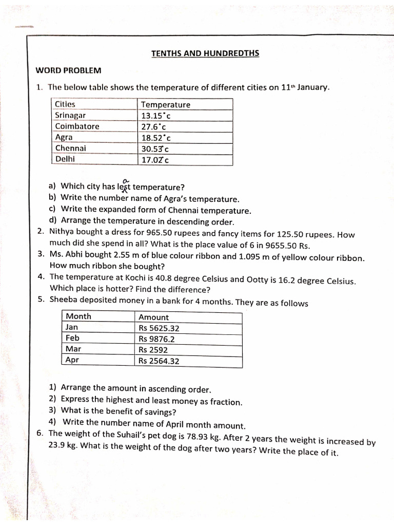 Worksheet (Tenth and Hundredth) | PDF