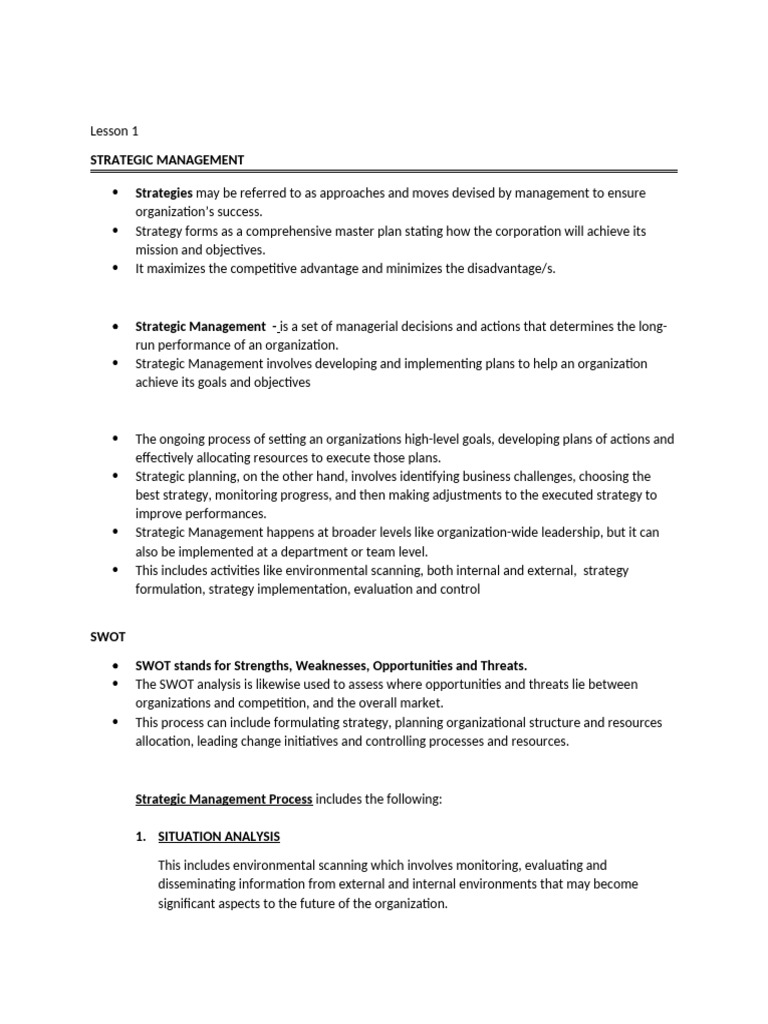 STRATEGIC MANAGEMENT Lesson 1 1 | PDF | Strategic Management | Swot ...