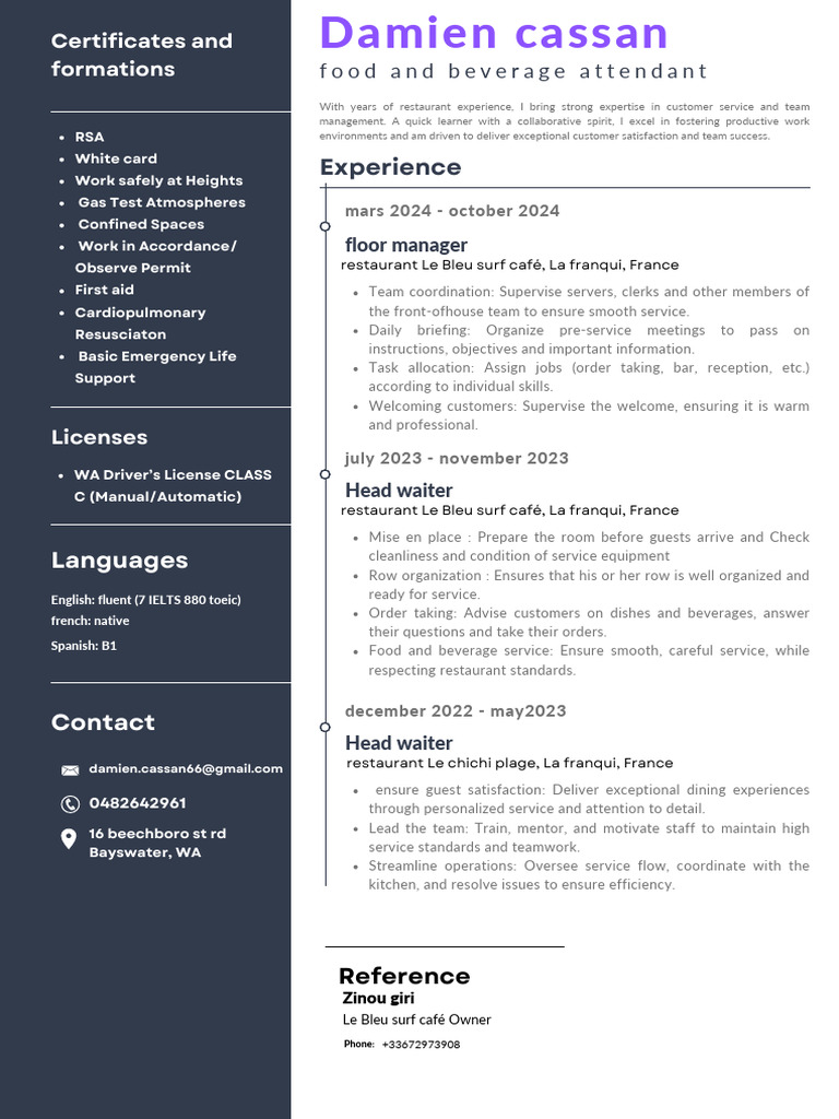 CV Catering Damien Cassan | PDF | Restaurants | Waiting Staff