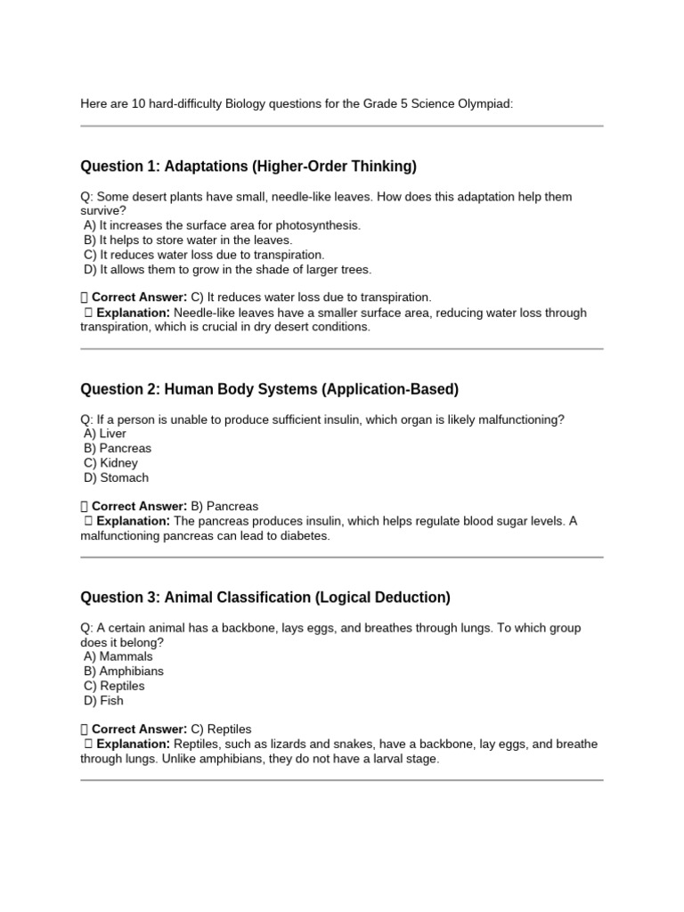 Hard Biology Questions for Grade 5 | PDF | Vitamin | Reptile