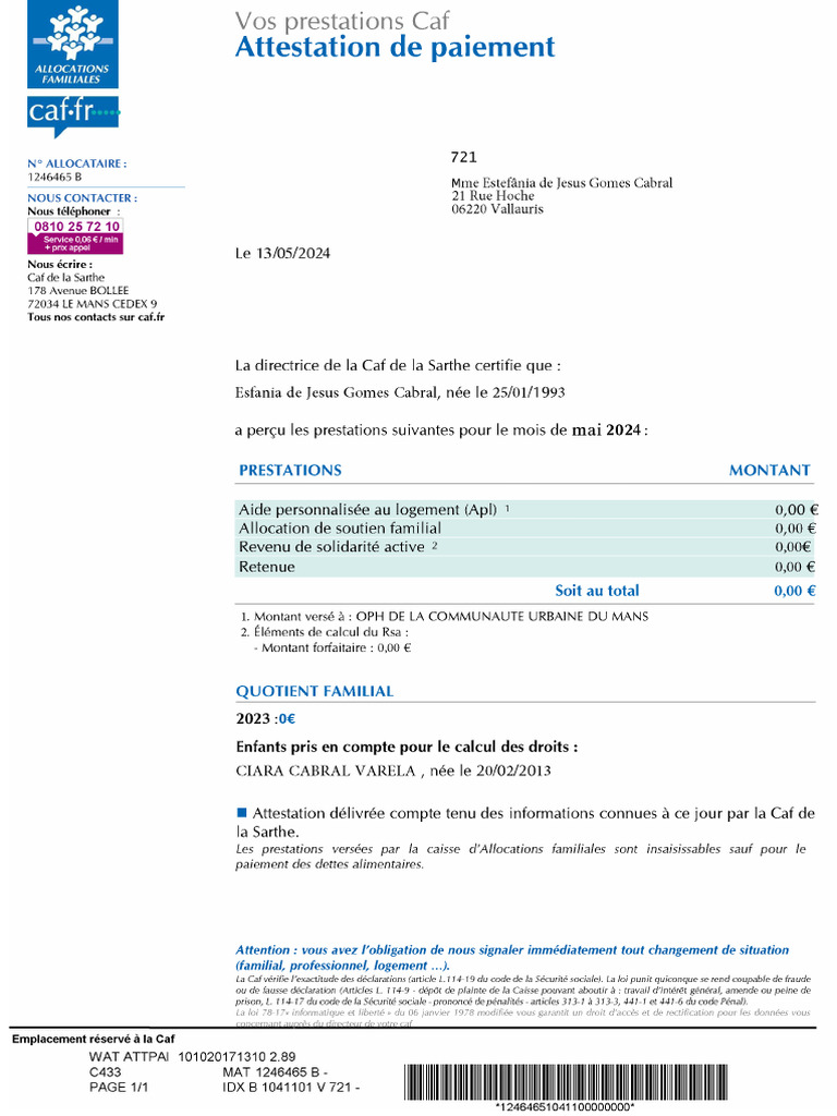 Ciara Attestation de La CAF | PDF