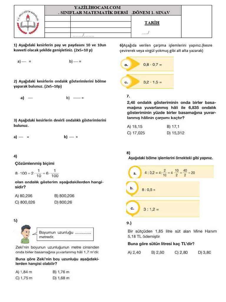yazilihocam.com-----6.sınıf matematik 2.dönem 1.yazılısı- | PDF