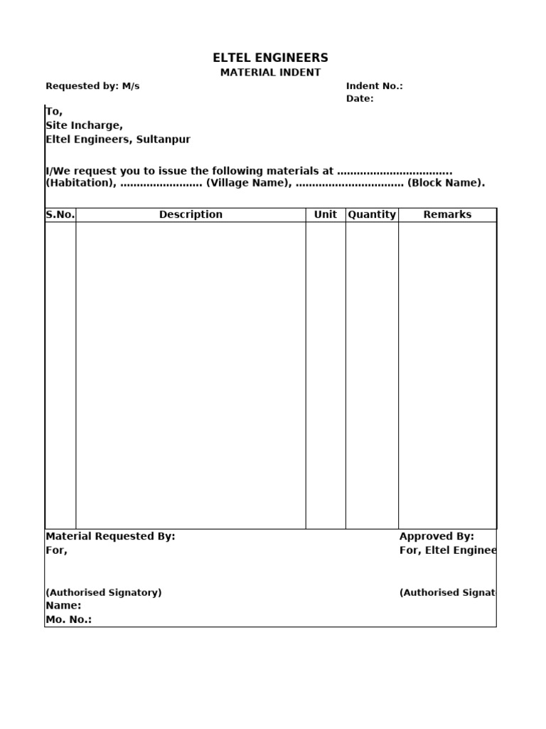 Material Indent Format | PDF
