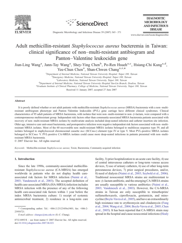 Adult Methicillin-Resistant Bacteremia in Taiwan: Clinical Significance ...