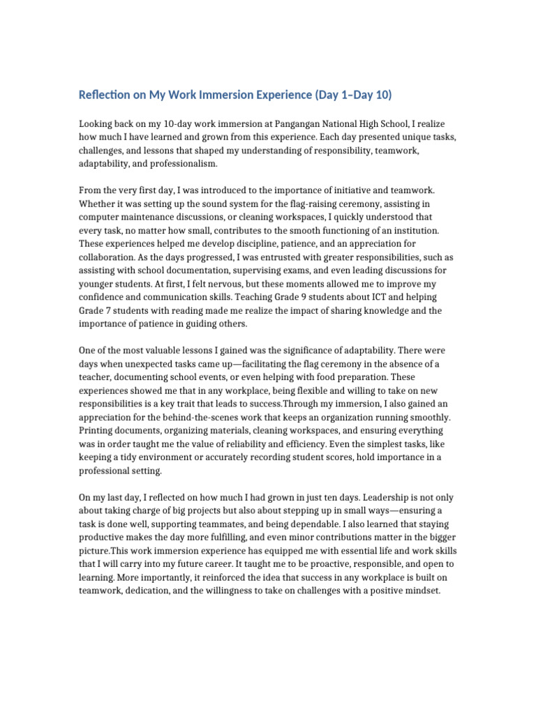 Work Immersion Reflection | PDF | Educational Technology | Leadership
