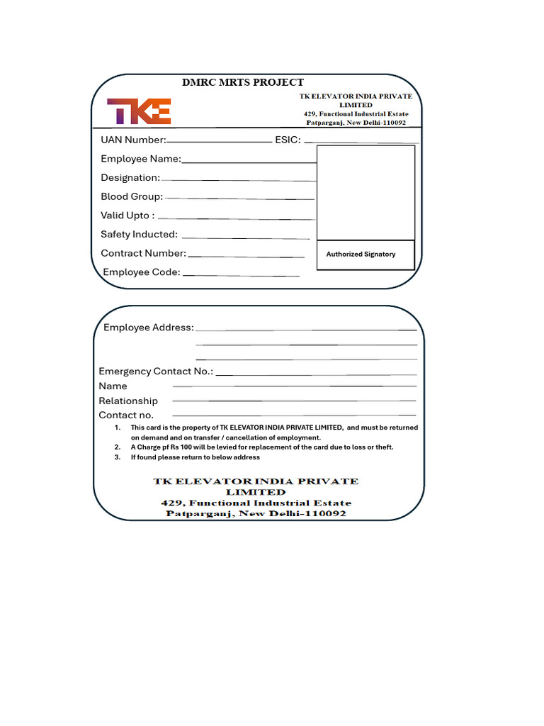 DMRC MRTS PROJECT ID CARD format | PDF