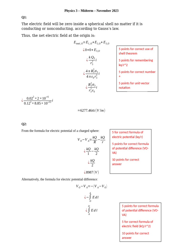 MidtermSolution Physics3 Nov2023 | PDF | Physics | Electricity