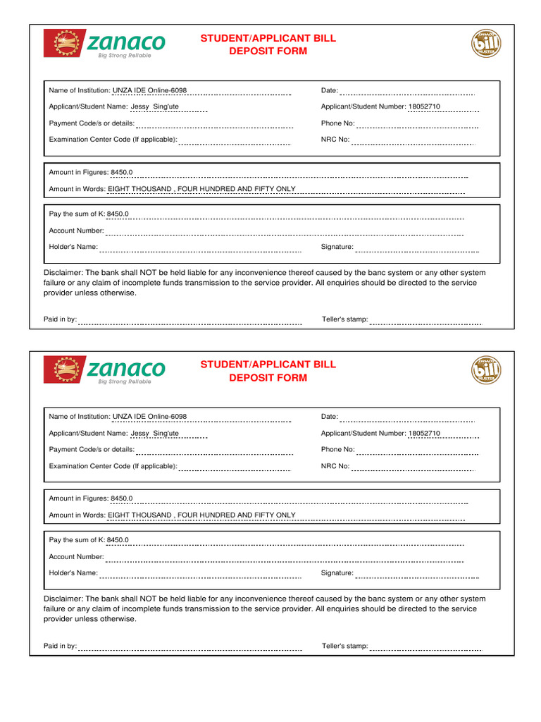 UNZA Student Bill Deposit Form | PDF