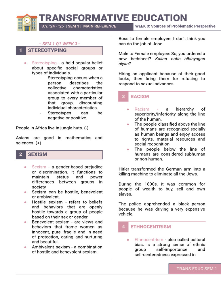 Week 3 - Trans Educ - Lecture Notes | PDF | Sexism | Islamophobia