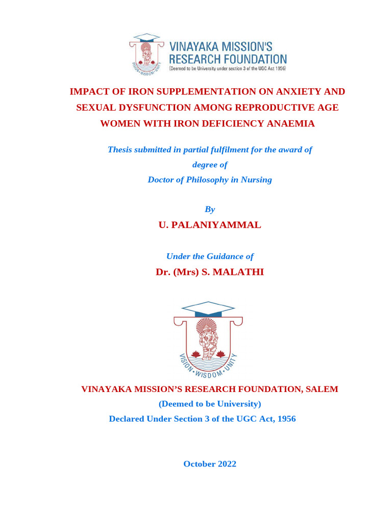 Impact of Iron Supplementation On Anxiety and Sexual Dysfunction Among Reproductive Age Women ...