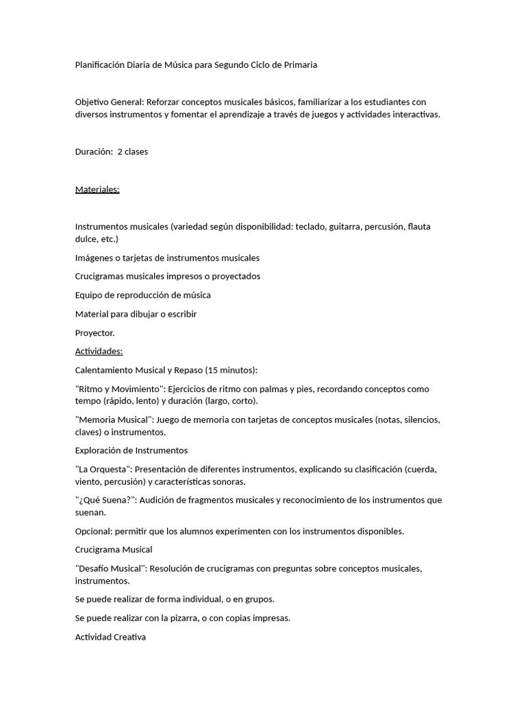 Planificación Diaria de Música para Segundo Ciclo de Primaria | PDF