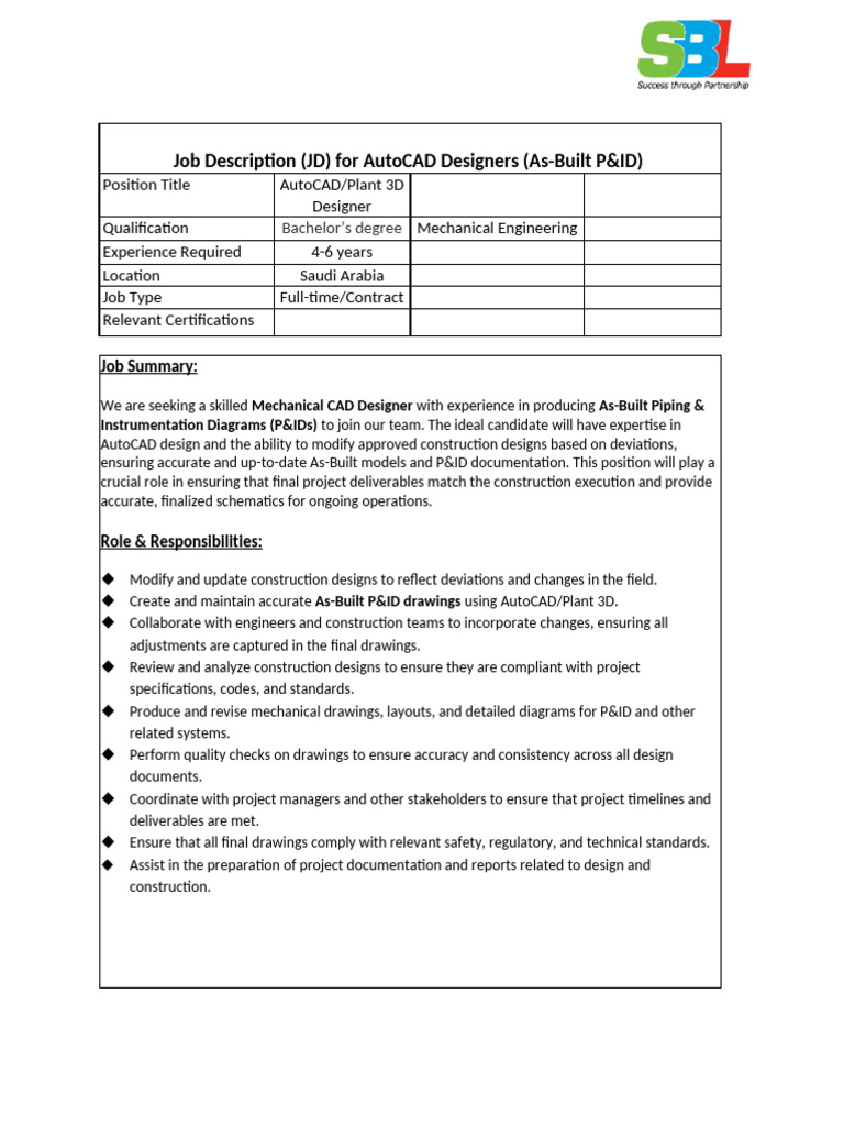 AutoCAD Designer Job Description | PDF | Technical Drawing