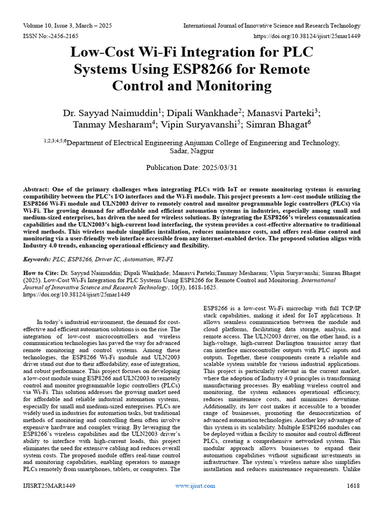 Low-Cost Wi-Fi Integration For PLC Systems Using ESP8266 For Remote Control and Monitoring | PDF ...