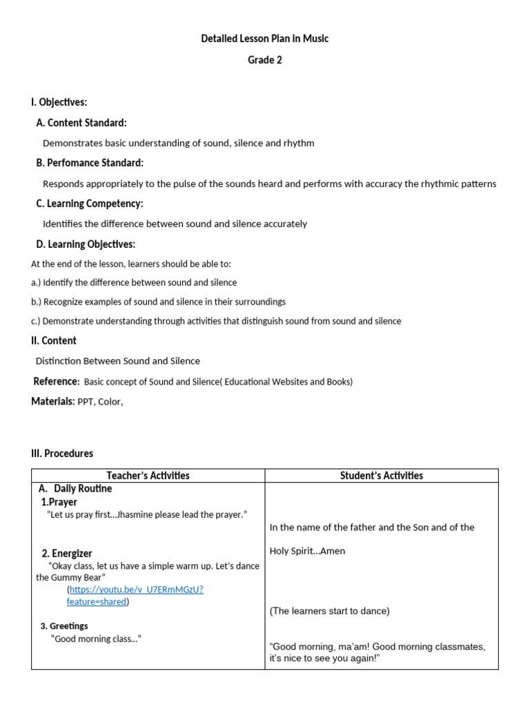 Detailed Lesson Plan PE and HEALTH | PDF | Learning | Silence